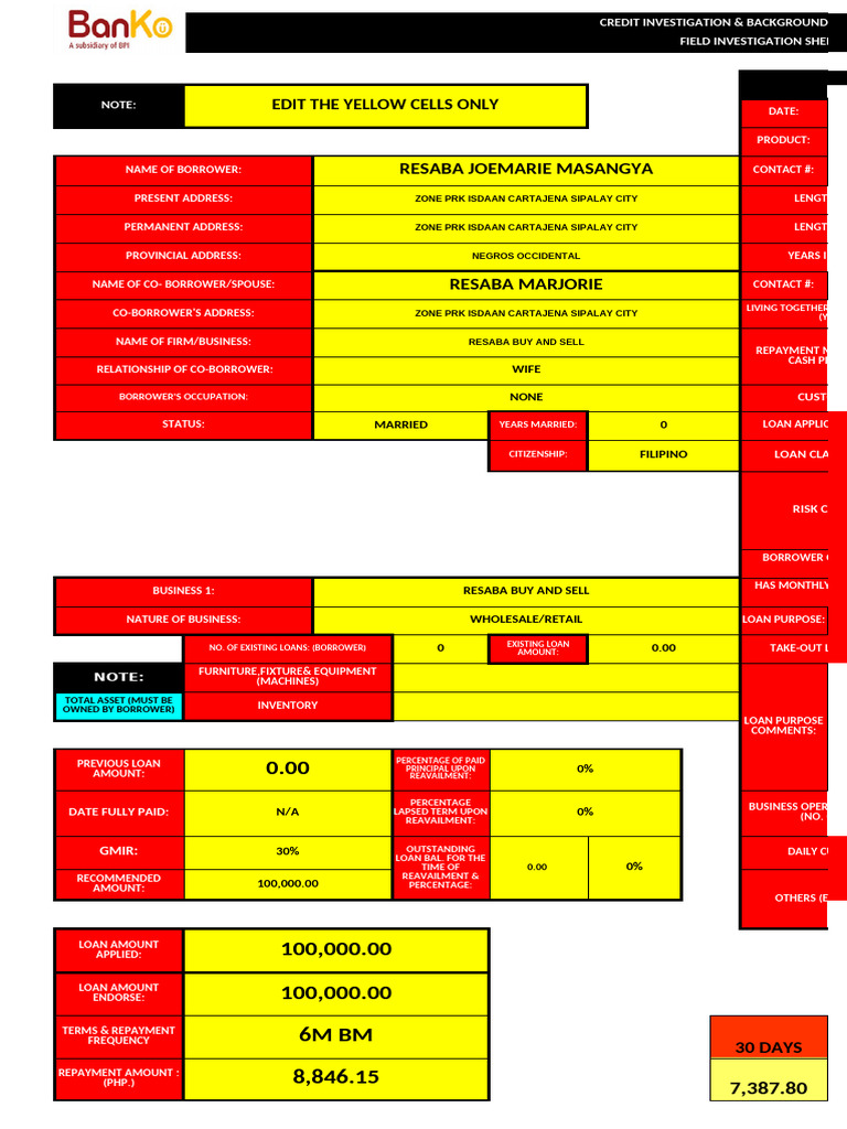 Credit Investigation Form for Loan Approval | PDF | Loans | Credit