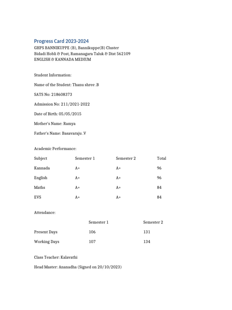 Progress Card ThanuShree | PDF