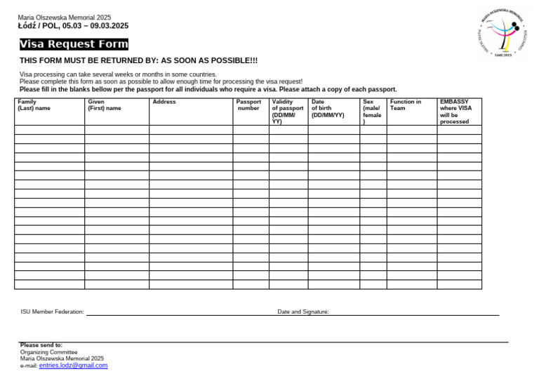 Visa Request Form for Maria Olszewska Memorial | PDF