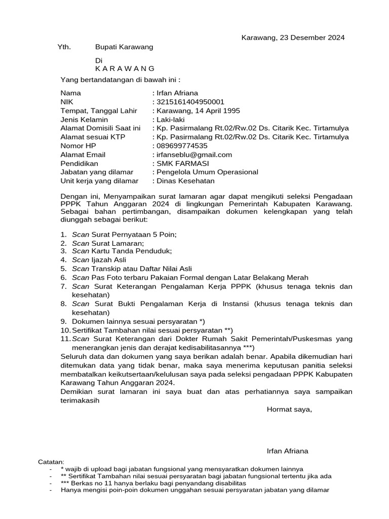 Format Surat Lamaran PPPK 2024 | PDF