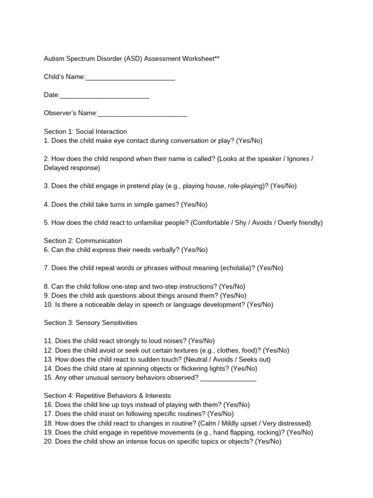 Autism Spectrum Disorder (ASD) Assessment Worksheet 7 Yrs | PDF ...
