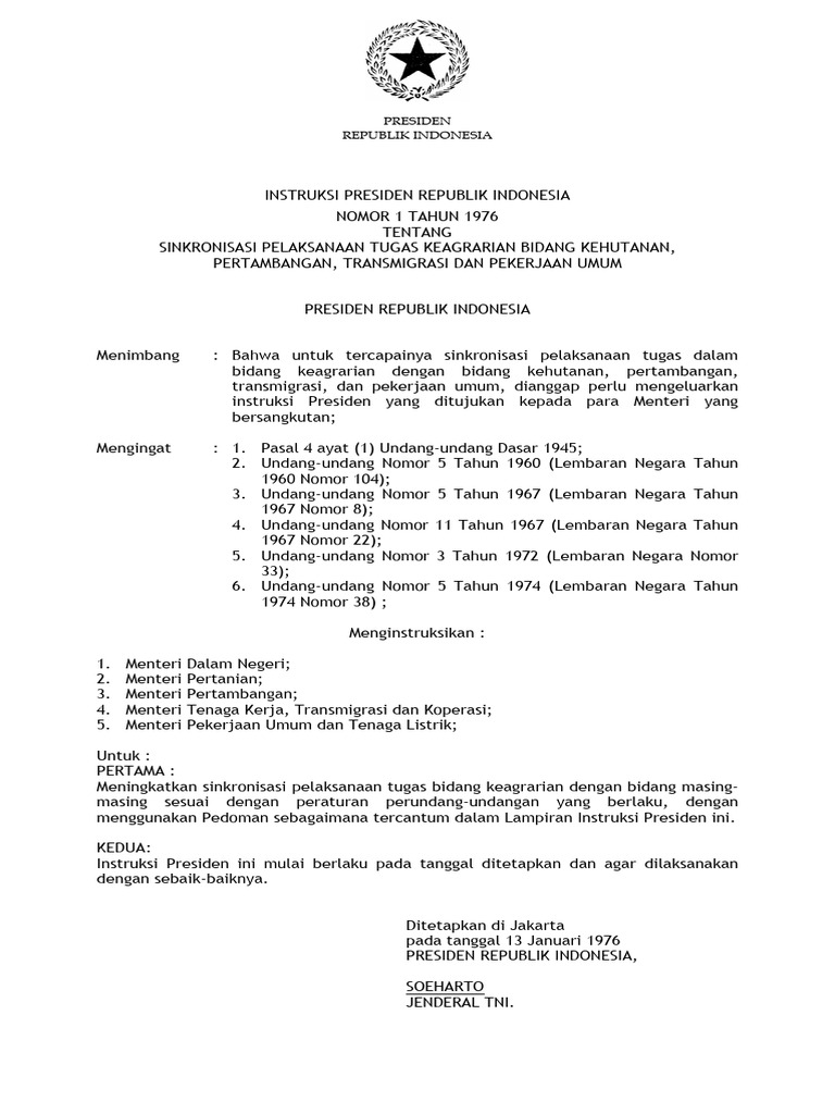 Instruksi Presiden Soeharto 1976 tentang Sinkronisasi Keagrarian | PDF