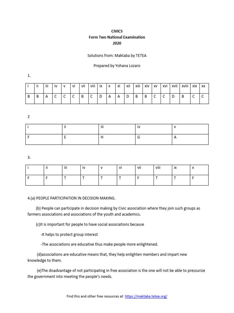 Civics Form Two Exam Solutions 2020 | PDF | Rights | Traffic