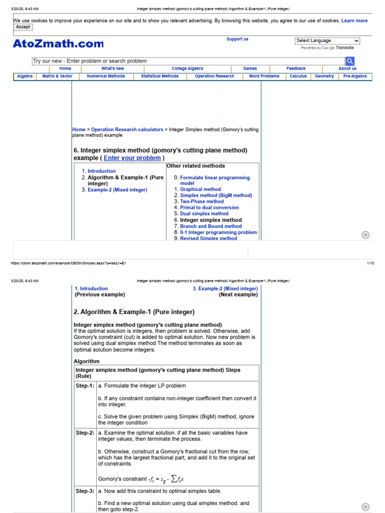Integer simplex method (gomory's cutting plane method) Algorithm & Example-1 (Pure integer ...