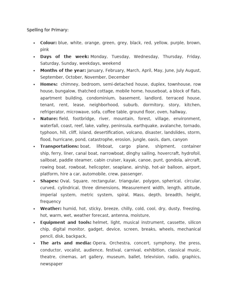 Spelling words for Primary & Intermediate | PDF