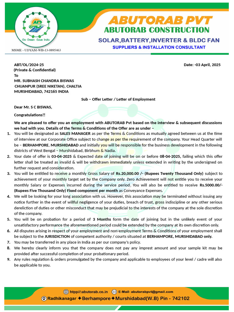 Employment Offer for Sales Manager | PDF | Cheque | Payments