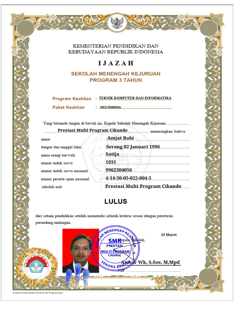 Ijazah SMK 1 | PDF