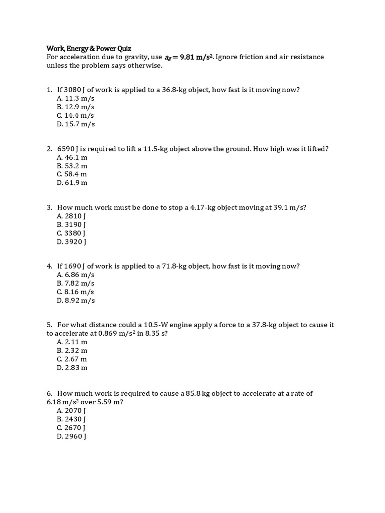 Work, Energy & Power Quiz Questions | PDF | Force | Mass