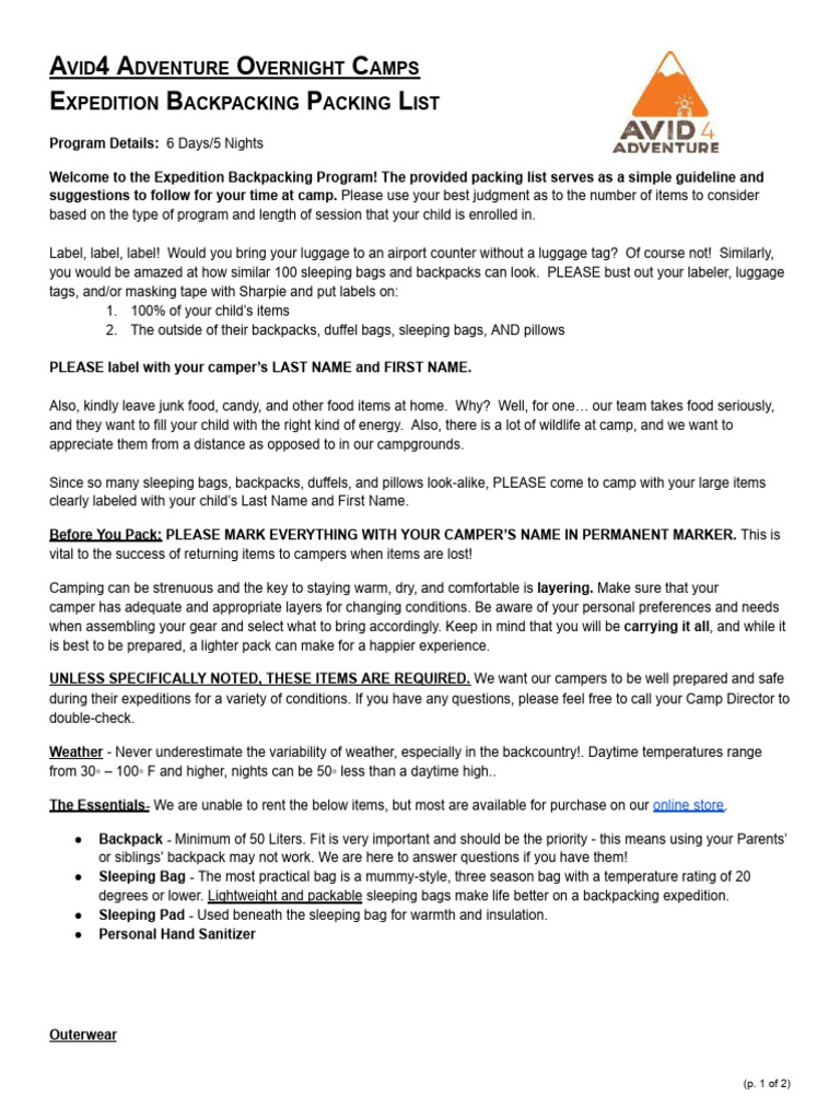 Expedition Backpacking Packing List v3-8-24 2 | PDF | Sock | Camping