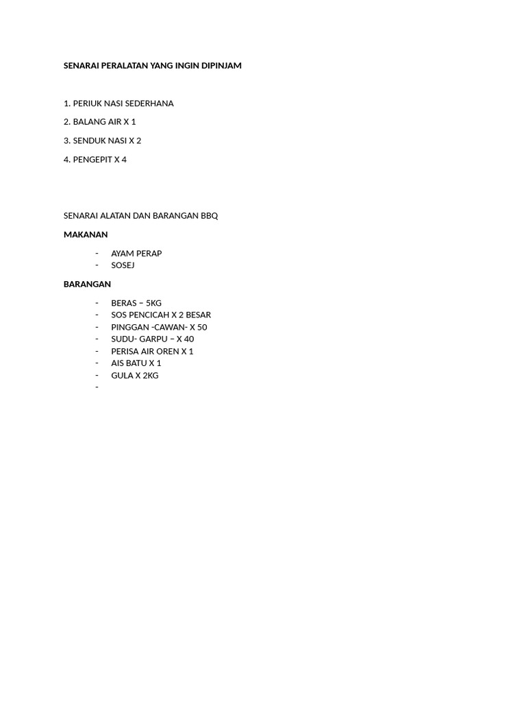 Senarai Peralatan Yang Ingin Dipinjam | PDF