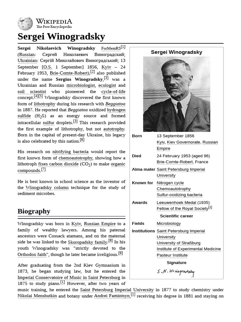 Sergei Winogradsky | PDF | Biology | Microbiology