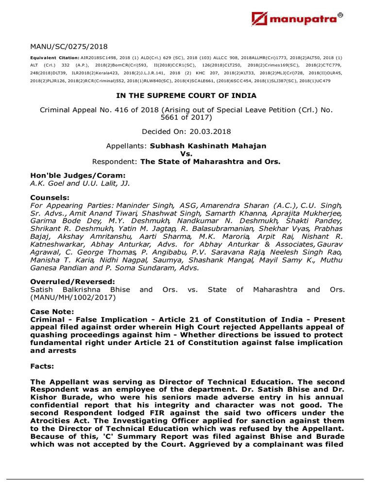 Subhash Kashinath Mahajan vs. The State of Maharashtra and Ors. (20.03. ...