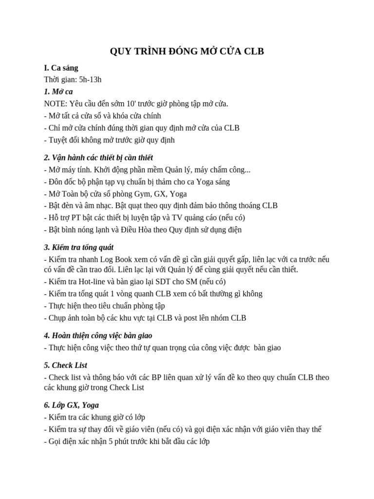 2.quy Trình Đóng Mở Cửa CLB | PDF