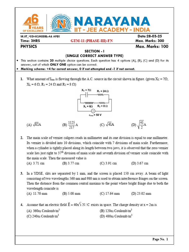 28 03 2025 - SR - Star Co SC (Model A& Apex) Phase Iii - Jee Main Model - GTM 11 - QP | PDF ...