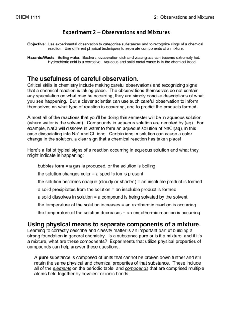 Observations and Mixtures in Chemistry | PDF | Chemical Substances ...