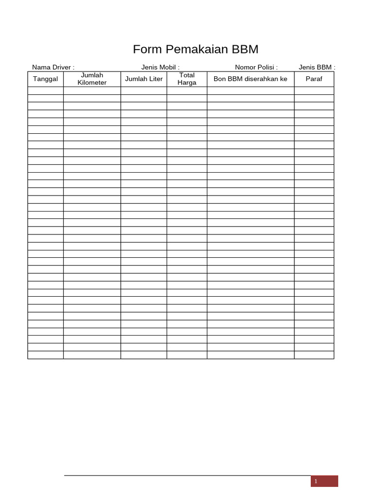 Form Pemakaian BBM | PDF