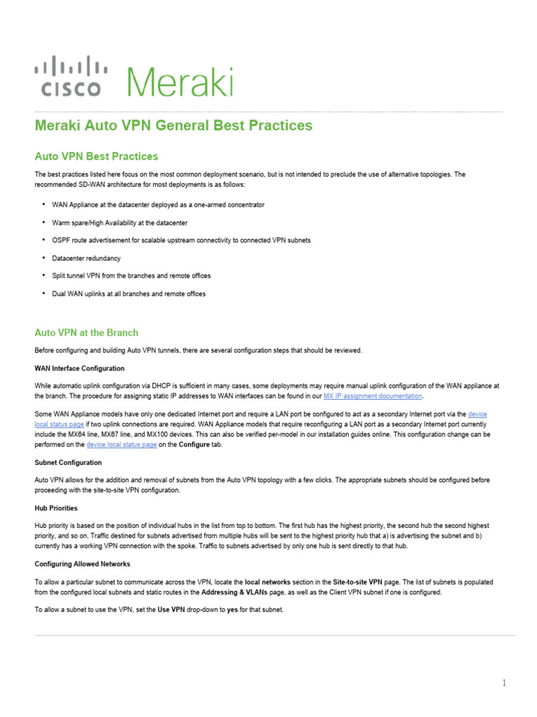Meraki Auto VPN General Best Practices | PDF | Ip Address | Virtual ...