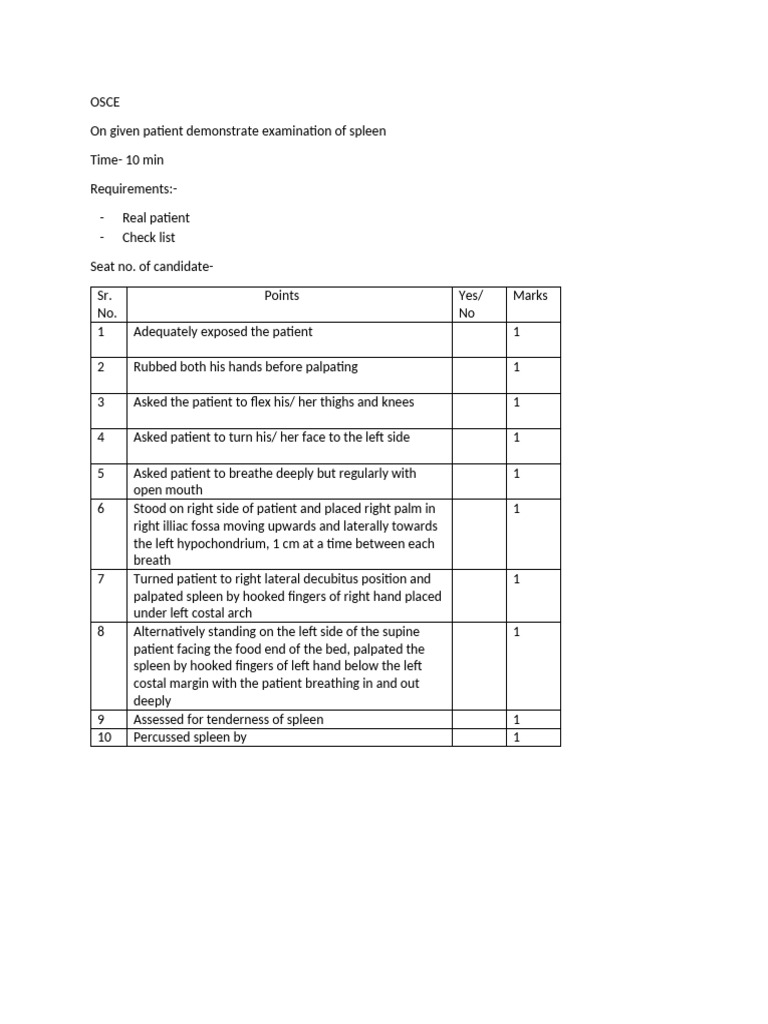 Spleen Examination OSCE Checklist | PDF