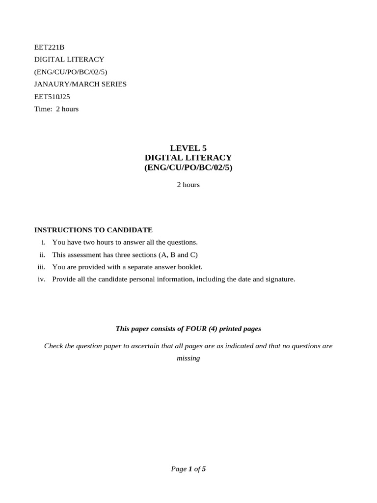 Level 5 Digital Literacy Exam Guide | PDF | Computer Hardware | Central ...