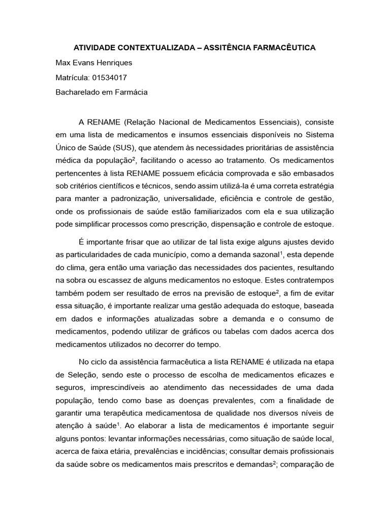 ATIVIDADE CONTEXT. ASSISTENCIA FARMACEUTICA MAX | PDF | Farmacêutico | Remédio