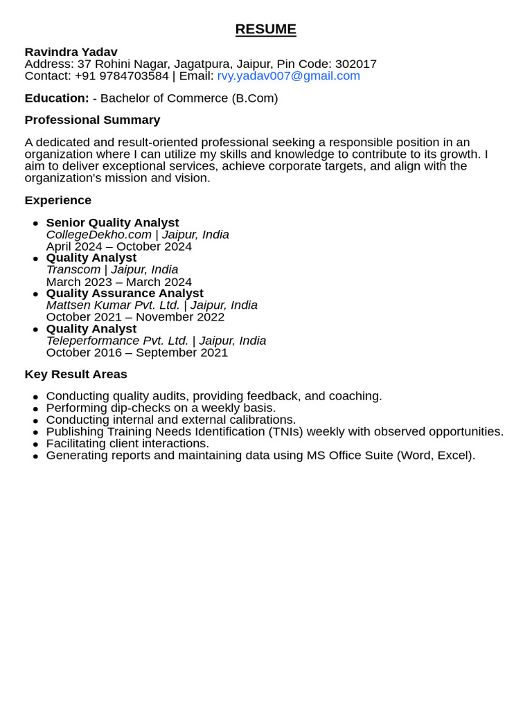 Ravindra Yadav's Quality Analyst Resume | PDF
