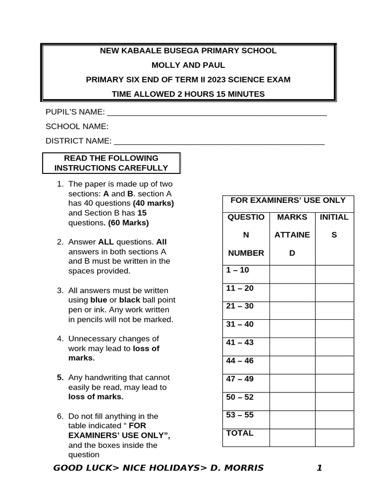Primary Six Science Exam 52 Copies | PDF | Seed | Germination