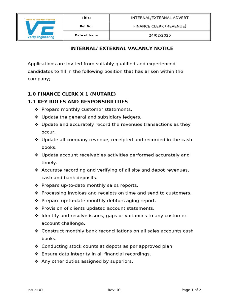 Finance Revenue Clerk Advert 022025 | PDF | Accounting | Business