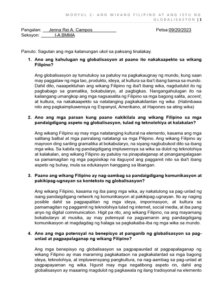 M2-ANG WIKANG FILIPINO AT ANG ISYU NG GLOBALISASYON-CAMPOS_Jenna Rei | PDF
