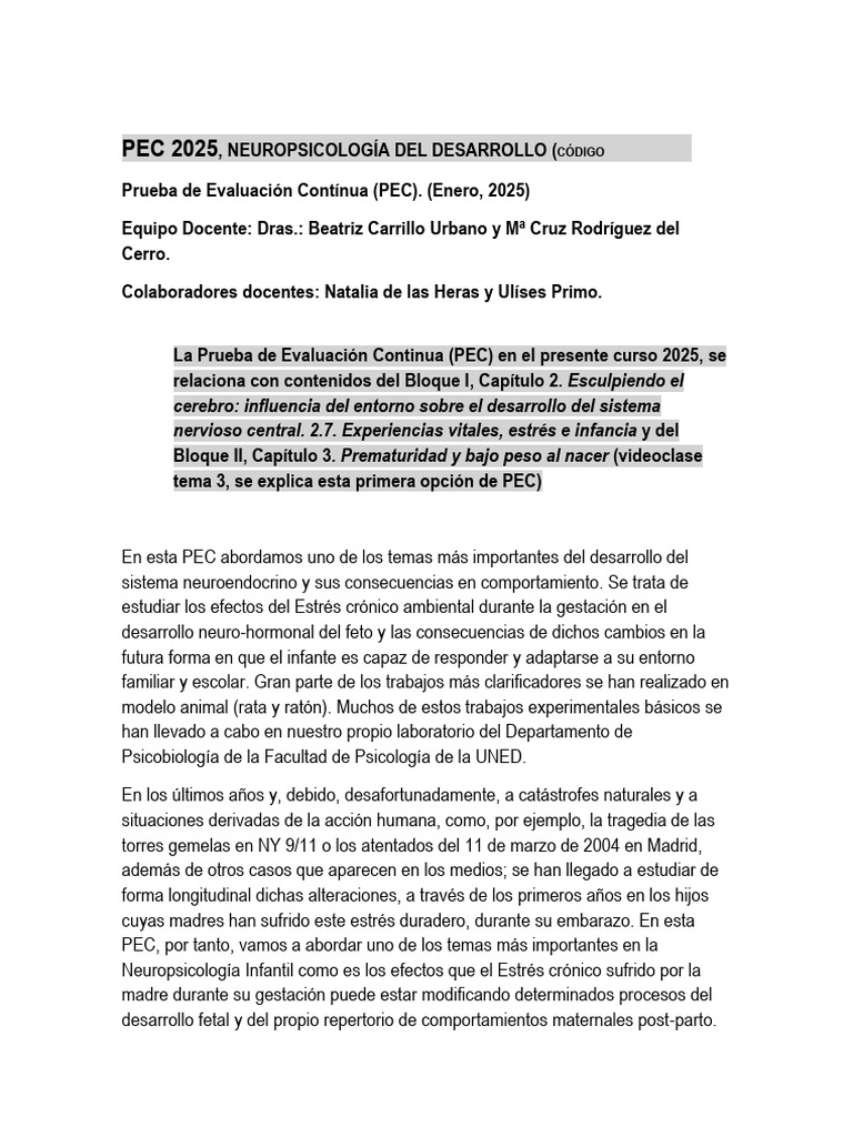 Pec 2025 Neuropsicología Del Desarrollo | PDF | Epigenética | Estrés (biología)