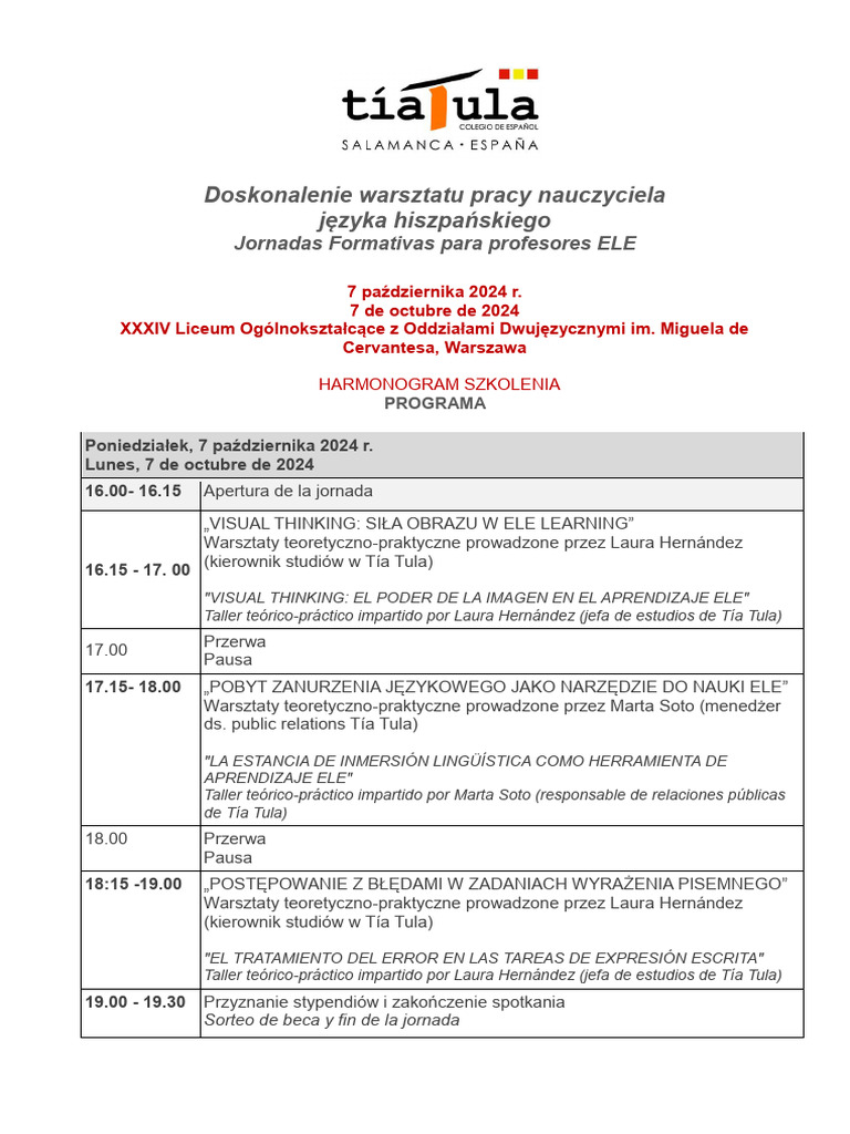 Warszawa Harmonogram Szkolenia Doskonalenie Warsztatu Pracy Nauczyciela Języka Hiszpańskiego | PDF