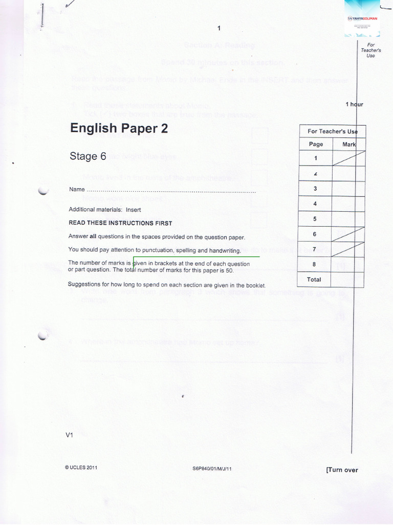 5- Primary Progression Test - Stage 6 English Paper 2 | PDF