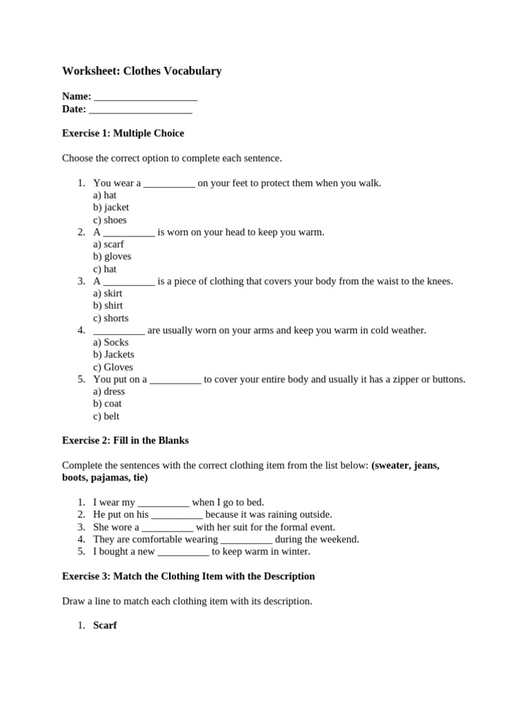 Worksheet Clothes Vocabulary | PDF