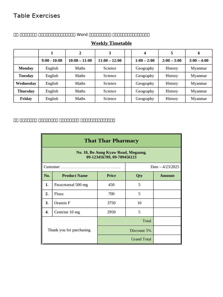 Table Exercises | PDF