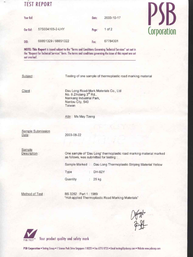 Thermoplatic Paint Test Report Sample | PDF