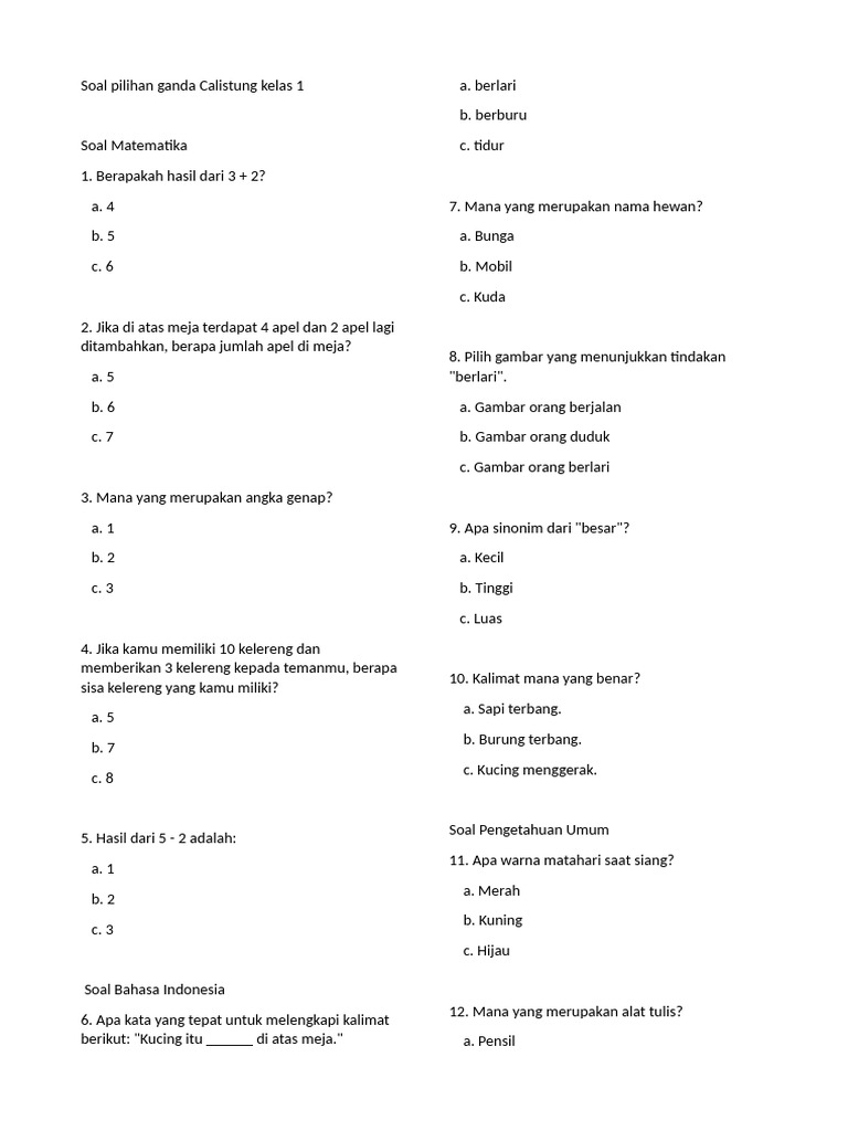 Soal Calistung Kelas 1 SD Lengkap | PDF