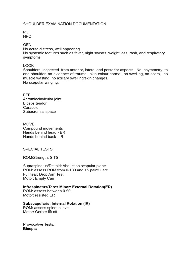 Shoulder Examination Protocol Guide | PDF