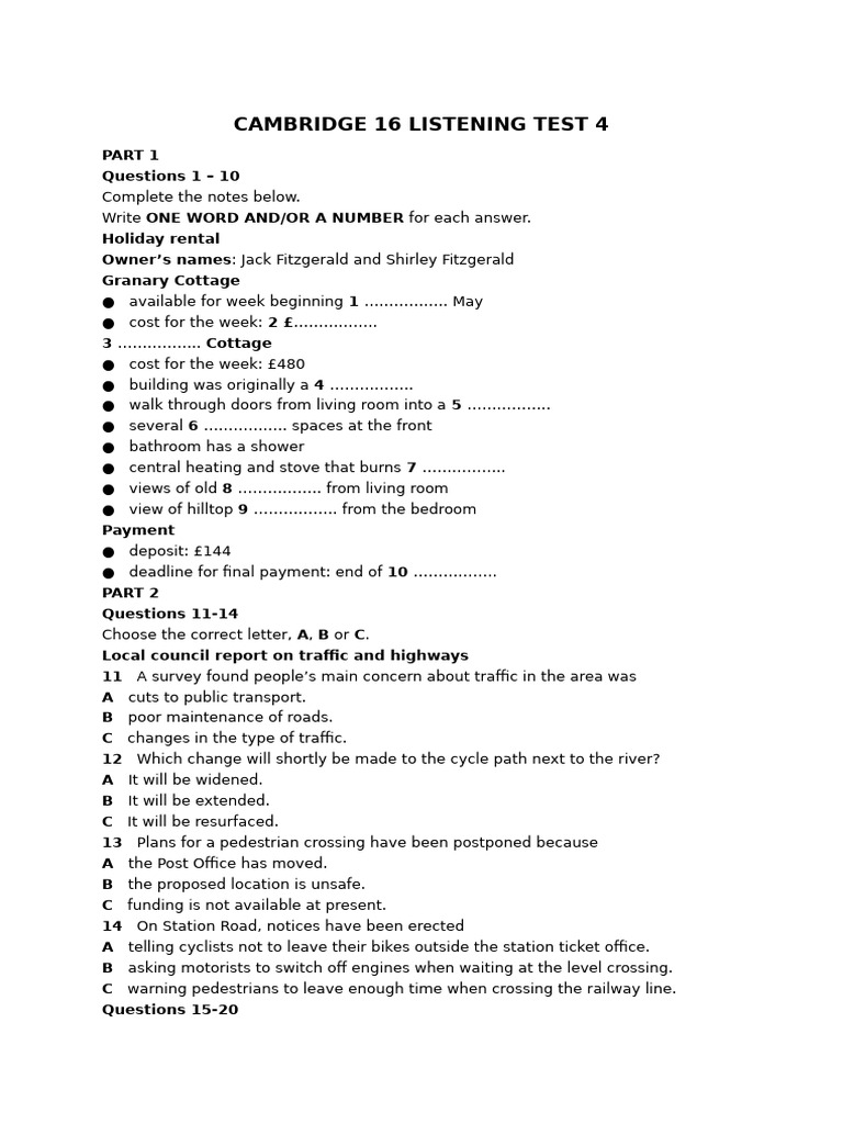 Cambridge 16 Listening Test 4 | PDF | Transport | Land Transport