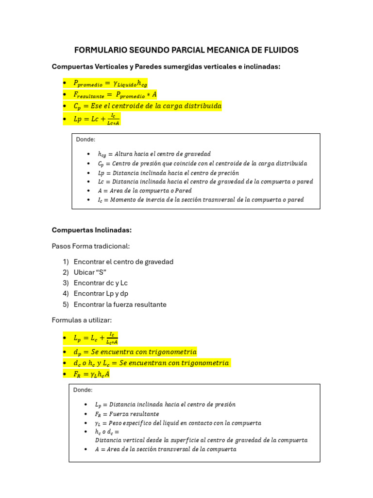 Formulario Segundo Parcial Mecanica de Fluidos | PDF | Flotabilidad | Dinámica (Mecánica)