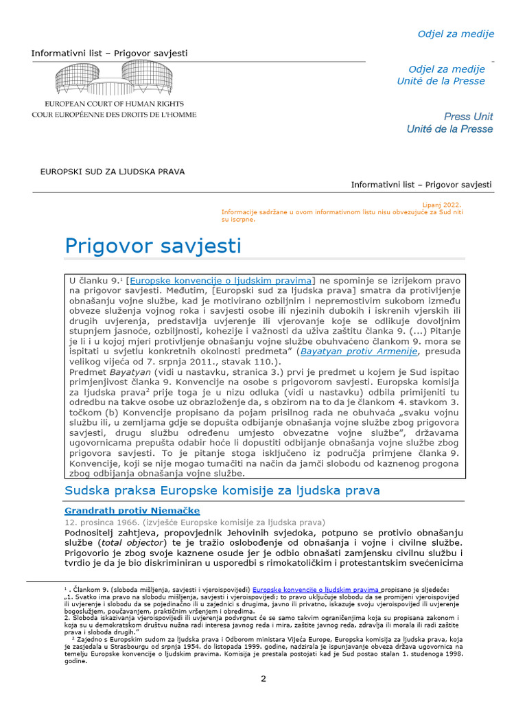2022 - Prigovor Savjesti - vojska-FS - Conscientious Objection | PDF