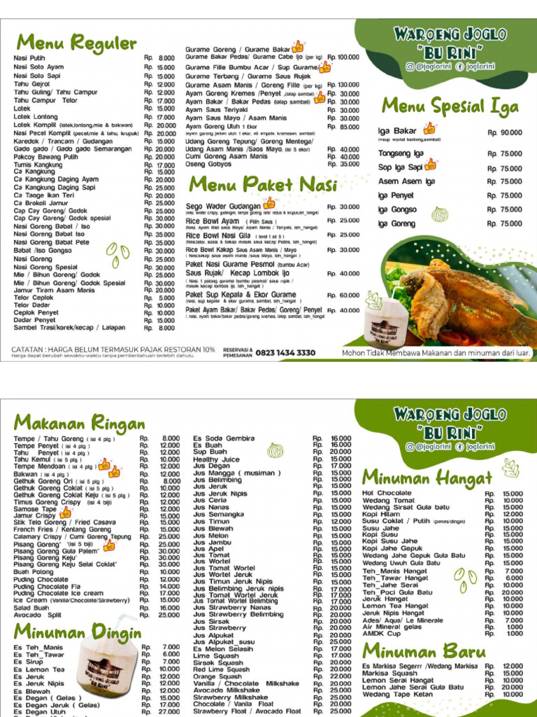 UPDATED MENU AUGUST 2024 JOGLO BU RINI | PDF