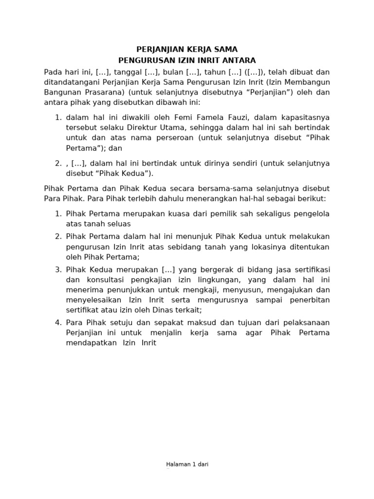 Perjanjian Kerja Sama Izin Inrit | PDF