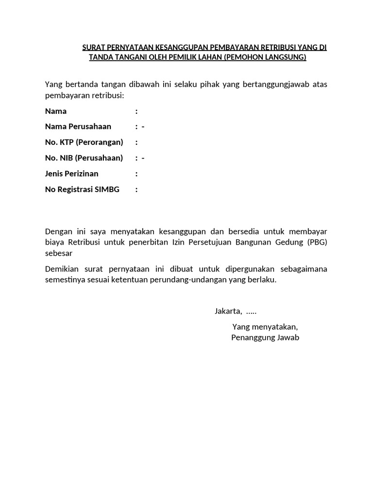 Surat Pernyataan Kesanggupan Pembayaran Retribusi | PDF