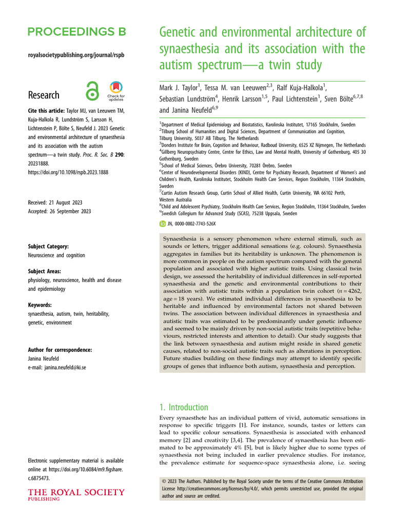 Genetic and Environmental Architecture of Synesthesia and Its ...