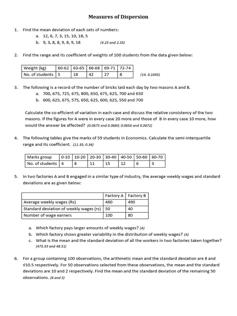 Practice Problems - Measures of Dispersion | PDF | Mean | Coefficient Of Variation