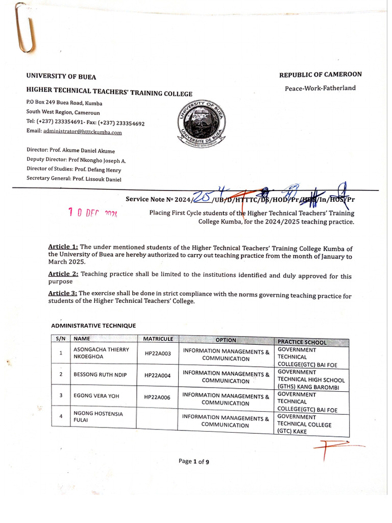 Placing of First and Second Cycles Students For The 2024-2025 Teaching ...