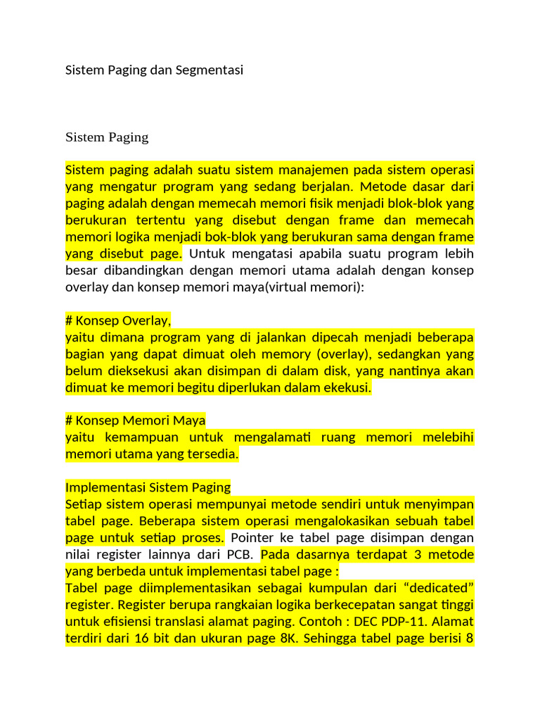 Sistem Paging dan Segmentasi Memori | PDF