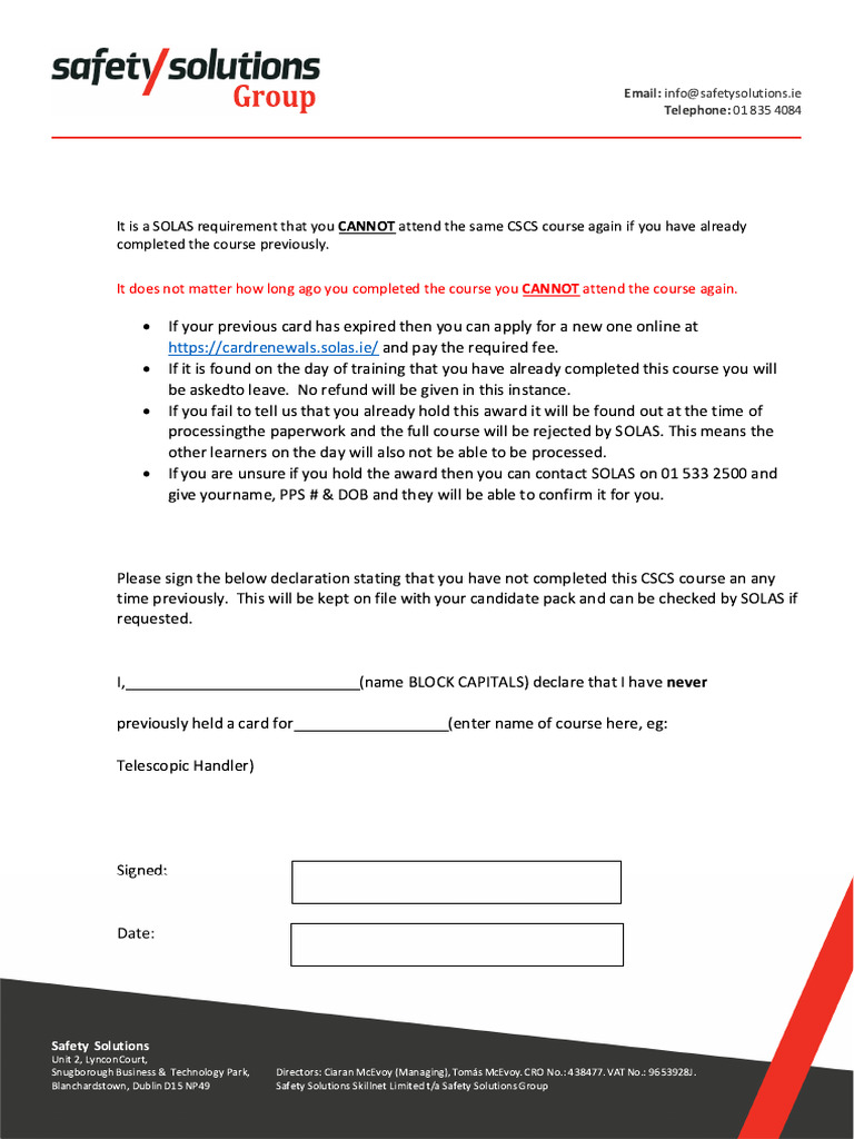 Candidate Declaration Form For CSCS Courses | PDF