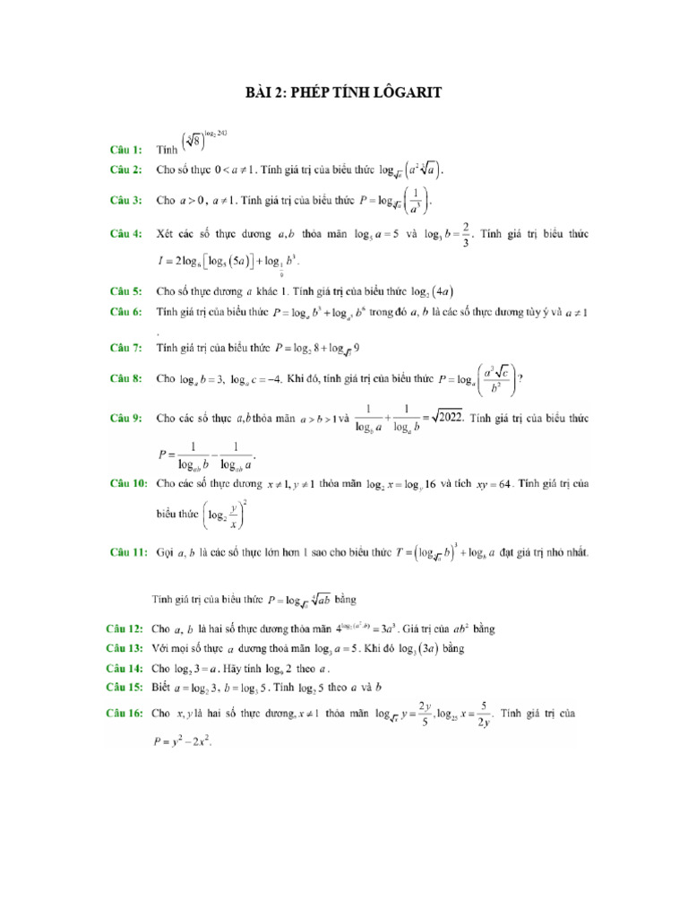 BÀI 2 PHÉP TÍNH LOGARIT 11 trắc nghiệm | PDF