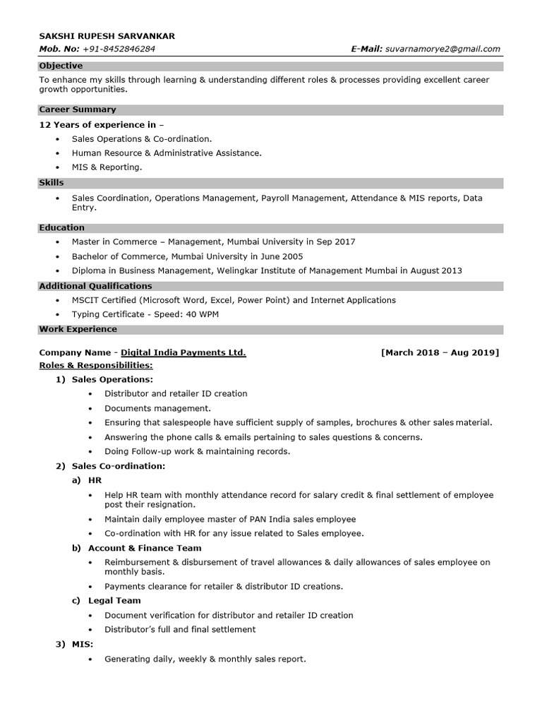 Resume Sakshi Sarvankar 1650609439 | PDF | Sales | Business