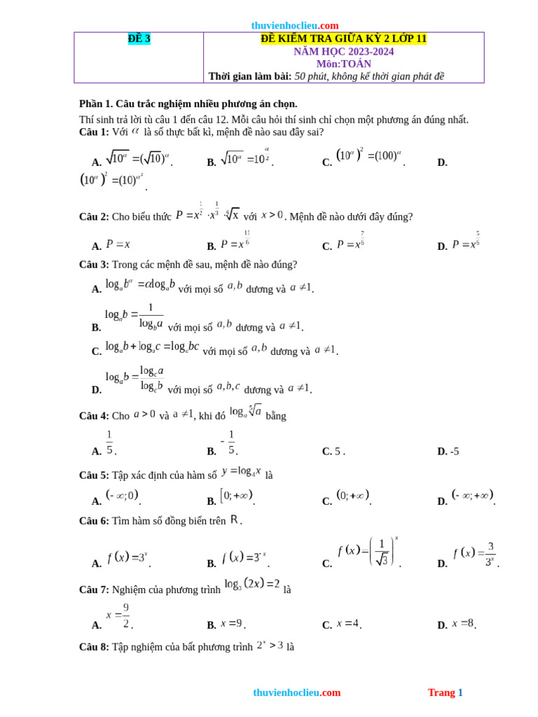 De Kiem Tra Giua HK2 Toan 11 CTST de 3 Hay | PDF